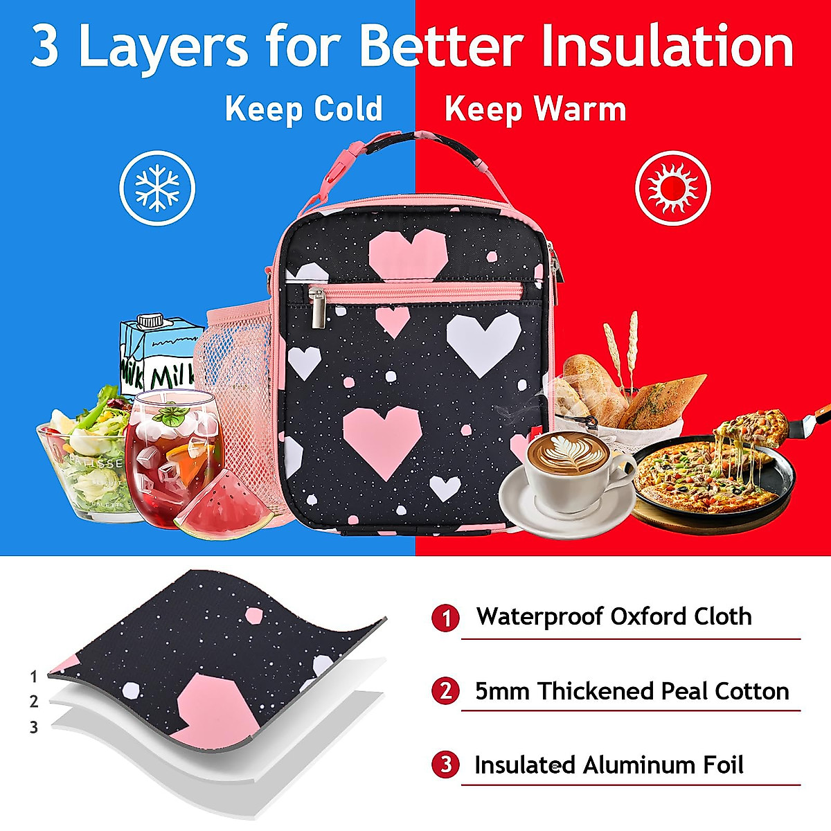 Lunch Box for Kids Girls Insulated Lunch Bag with Shoulder Strap and Pocket Pink Cute Lunch Cooler Thermal Meal Lunch Tote Bag for School Travel Outdoor, Rainbow Lunchbox, Practical Gif