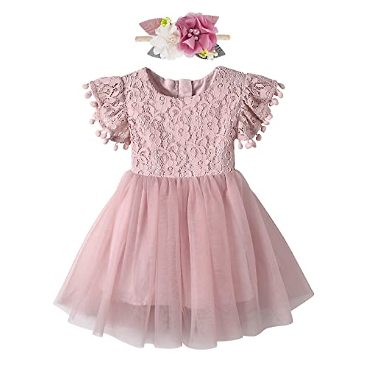 Tutu Dreams Girl Lace Tulle Dress Princess Flower Girl Dresses Birthday Boho Party (4T, Dusty Rose)