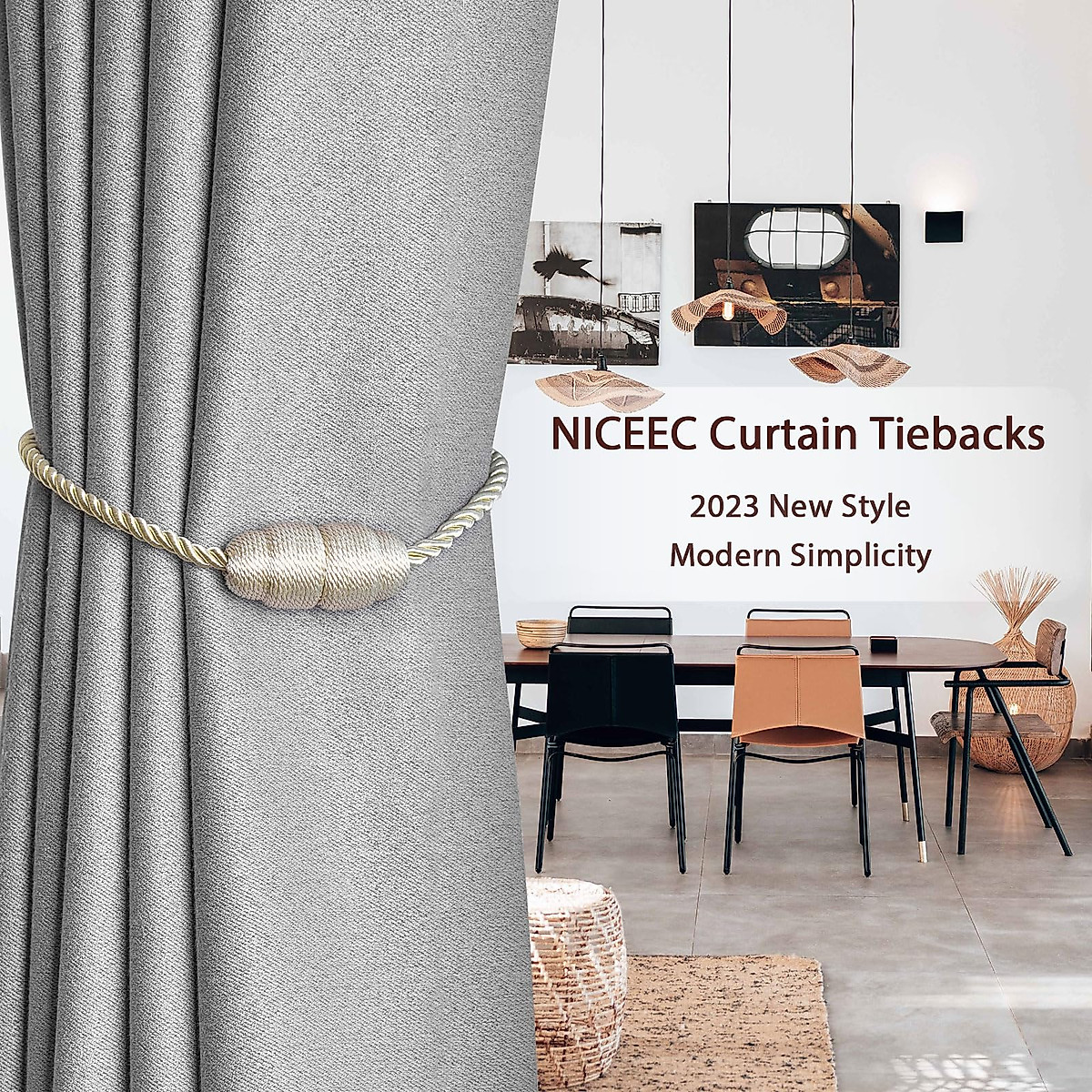 NICEEC 2 Pack Strong Magnetic Curtain Tiebacks Handmade Weave Side Rope Curtain Holdbacks Unique & Elegant Decorative Curtain Drape Tie Backs for Home & Office & Outdoor Window Drapery (Beige)