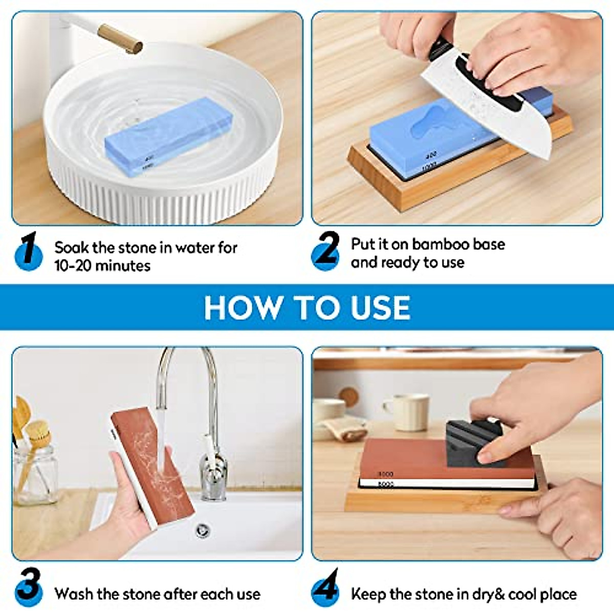 Whetstone Knife Sharpening Stone 4 Side Grit 400/1000 3000/8000, Professional Whetstone Knife Sharpener, Knife Sharpening Kit with Non-Slip Bamboo Base, Leather Strop, Flattening Stone & Angle Guide