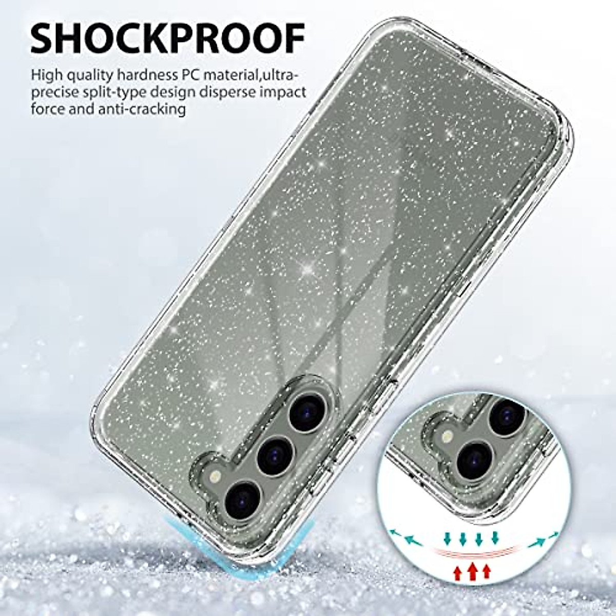 Lamcase for Samsung Galaxy S23 Plus Case 6.6 Inch, [with 2Pcs Tempered Glass Screen Protector+2Pcs Camera Lens Protector] Shiny Sparkly Bling Three Layer Shockproof Cover 2023, Clear/Silver Glitter