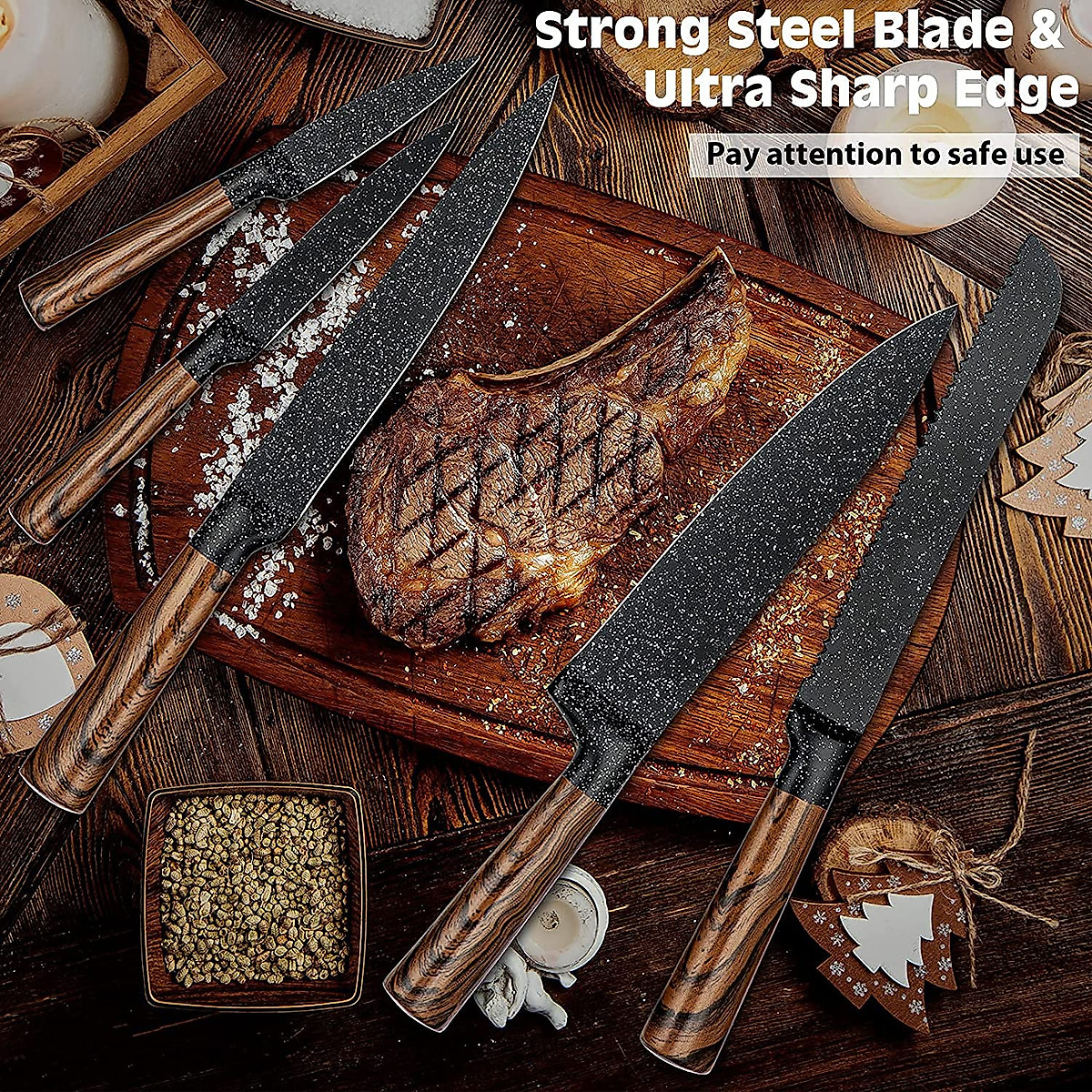 Knife Set,12-Piece Kitchen Knife Set, High Carbon Stainless Steel Knife Sets with Wooden Block, include 6 Steak Knives, Black