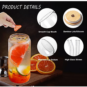 Beer Can Glass with Bamboo Lids and Glass Straws, Father's Day Gift Box 4 Pack 16oz Drinking Glasses with Lids and Straws, Can Shaped Glass Cups, Iced Coffee Cup, Beer Glasses (4pcs)