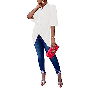 LYANER Women's Wrap V Neck Ruched Short Sleeve Split Hem Blouse Shirt Tunic Top White Large