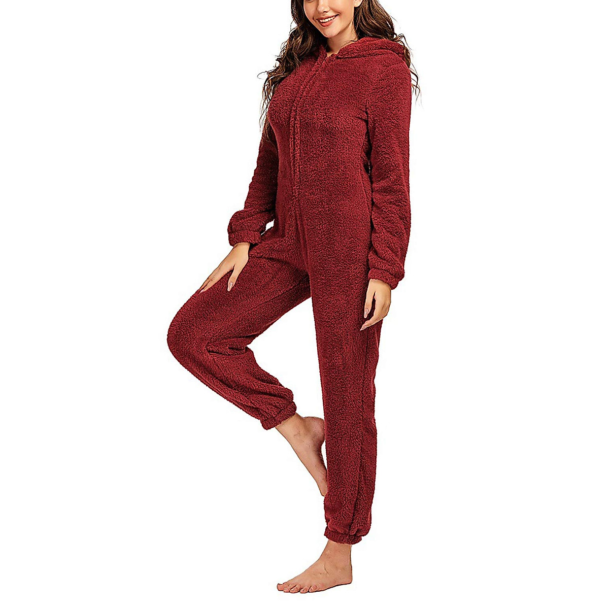 chouyatou Women's Ultra Comfy Lounge Furry Sherpa Romper Onesie Pajamas Cute Ear Hood (Medium, Red)
