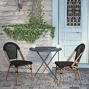 Flash Furniture Marseille 2 Pack Indoor/Outdoor Commercial Bistro Stack Chairs - Black Textilene Back and Seat - Natural Bamboo Print Aluminum Frame