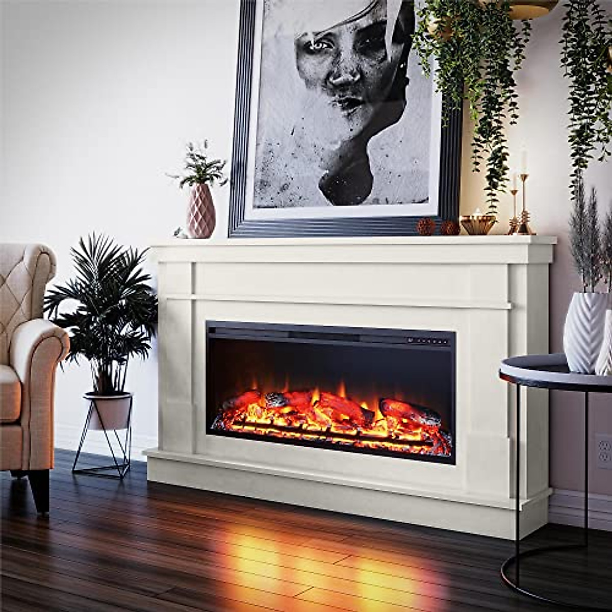 Ameriwood Home Elmcroft Wide Mantel with Linear Electric Fireplace, Plaster