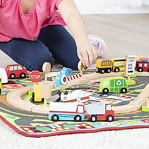 Melissa & Doug Deluxe Multi-Vehicle Activity Rug (39.5" x 36.5") - 19 Vehicles, 12 Wooden Signs, Train Tracks