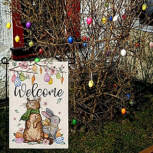 CROWNED BEAUTY Easter Garden Flag 12×18 Inch Double Sided Cat Bunny under Egg Tree Welcome Outside Vertical Small Holiday Yard Decoration