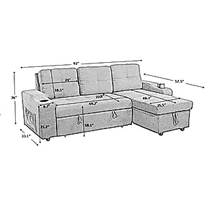 GAOPAN Modern Linen Sectional Sleeper Sofa Bed Convertible L-Shape Couch with Storage Chaise Lounge,Side Pockets,Cup Holders,2 Pillows for Living Room Apartment Furniture, Light Gray