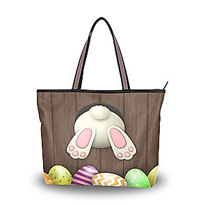 Tote Bag for Women Easter White Bunny Bottom Eggs On Wooden Large Utility Shoulder Handbag Top Handle
