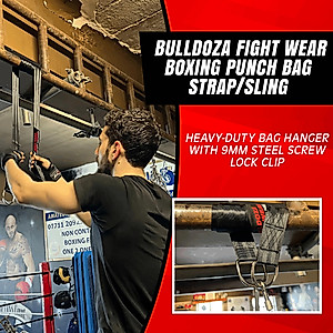 BULL DOZA FIGHT WEAR Boxing Punch Bag Strap/Sling – Heavy Duty Bag Hanger with 9mm Steel Screw Lock Carabiner – Durable Reinforced Stitching with 500lbs Bag Holding Capacity Strap Mount Black 3 Sizes