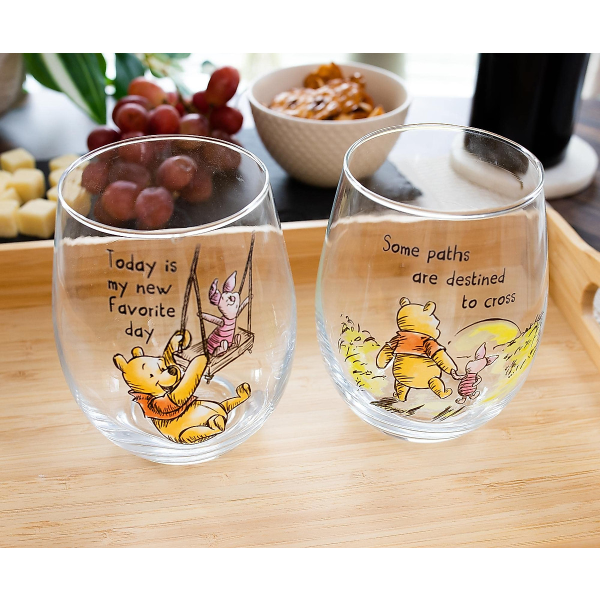 Disney Winnie The Pooh Quotes Teardrop Stemless Wine Glass Set | Tumbler Cup For Mimosas, Cocktails | Each Holds 20 Ounces