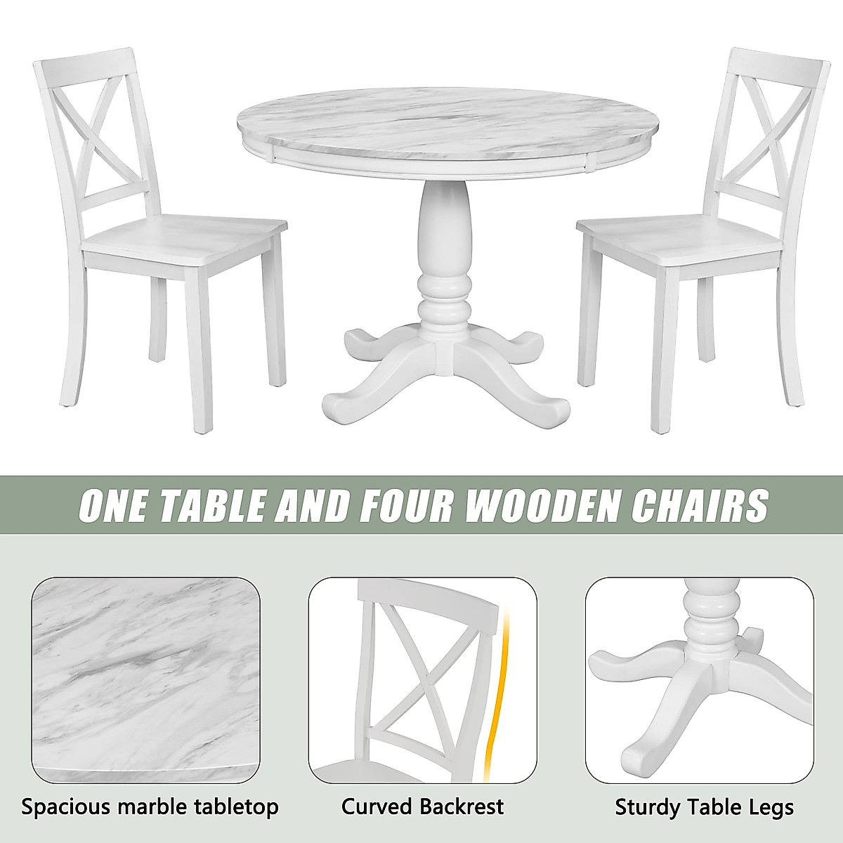 Goozio Round, Wood Kitchen 5 Pieces Table Set with 4 Chairs,for Dining Living Room,White
