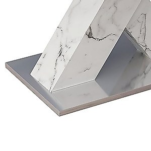 63'' Modern Stretchable Kitchen Table for 4-6 Seats, Space-Saving Expandable Dining Table with Black Marble Veneer Table Top+MDF White X-Shape Table Leg with Metal Base for Dining Room Living Room