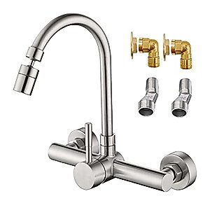 Wall Mount Unility Kitchen Sink Faucet Brushed 8 Inch Center Faucet with Gooseneck Swivel Spout Single Handle Kitchen Faucet Utility Laundry Restaurant Mixer Tap Stainless Steel Constructed Lead-Free