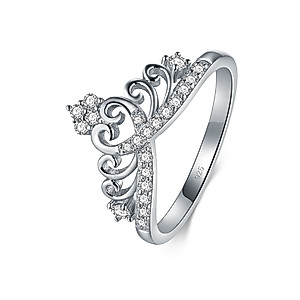 BORUO 925 Sterling Silver Cubic Zirconia Princess Crown Tiara Wedding Cz Band Eternity Ring Size 4
