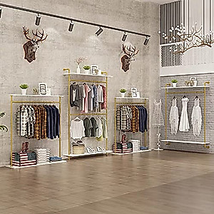 FURVOKIA Modern Simple 2 Tier Industrial Pipe and Wood Garment Rack,Wall Mounted Double Hanging Rods Clothing Rack,Retail Display Storage Clothes Hanging Shelves (One Shelves,Gold, 47.2" L)