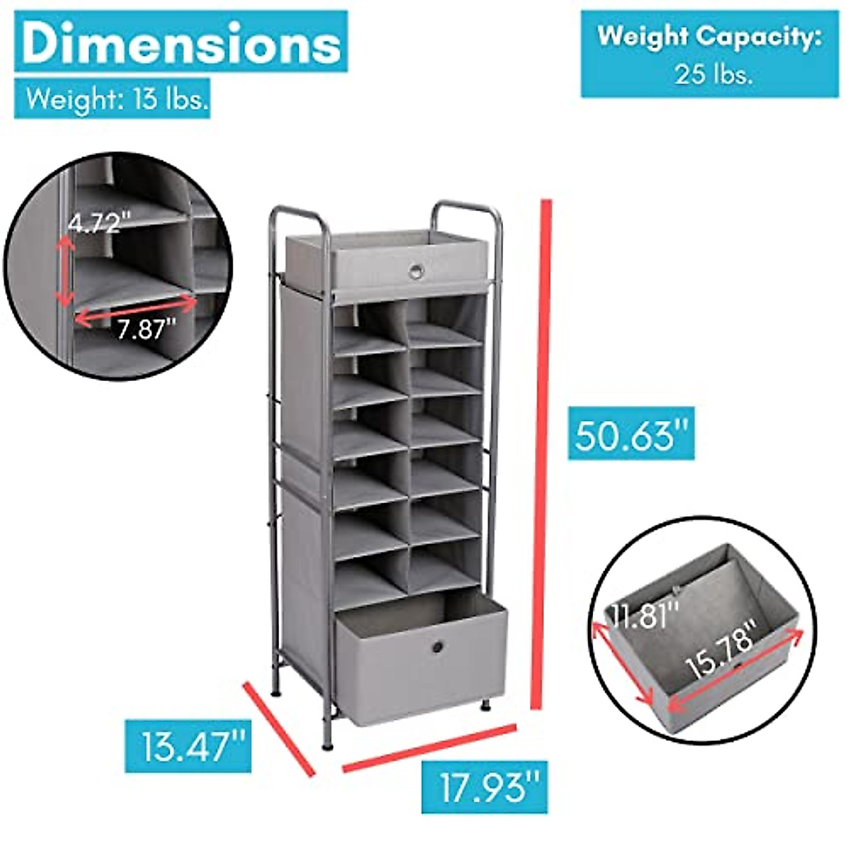 BIRDROCK HOME 12 Cubby Vertical Shoe Rack Organizer with Large Drawer - Grey - Free Standing Tower for Closet - Sturdy Metal Frame - Space Saver - Bedroom Organization