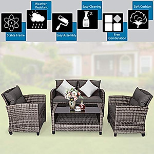 Tangkula 4 PCS Patio Wicker Conversation Furniture Set, Outdoor Rattan Sofa Set with Padded Cushion & Tempered Glass Coffee Table, Wicker Sectional Sofas & Table for Courtyard Balcony Garden (1, Grey)