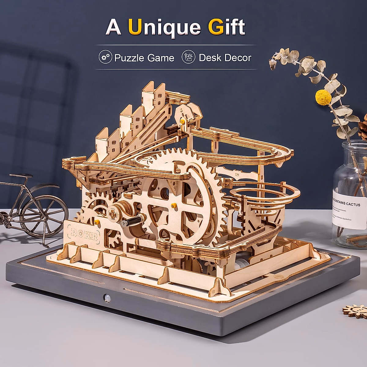 ROKR 3D Wooden Puzzles Marble Run Set - Mechanical Model Kit for Adults DIY Roller Coaster Toys Gifts for Boys/Girls (Marble Parkour)