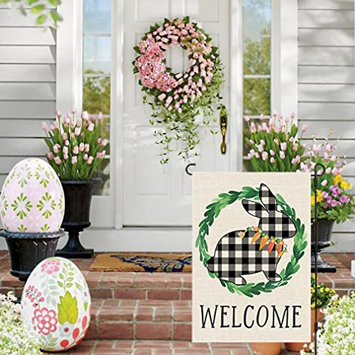 PANDICORN Easter Garden Flag 12x18 Inch Double Sided, Spring Easter Black Buffalo Plaid Check Bunny Decorations, Small Vertical Welcome Holiday Decor for Outdoor Yard Garden