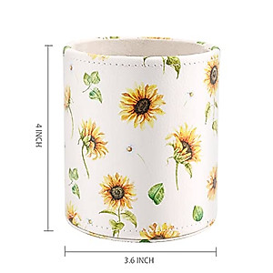 WAVEYU Pen Holder, Makeup Brush Holder Leather Cute Floral Pattern Pencil Cup for Girls Kids Women Durable Stand Desk Organizer Storage Gift for Office, Classroom, Home, Daisy