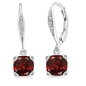 Gem Stone King 925 Sterling Silver Red Garnet and White Diamond Earrings For Women (3.71 Cttw, Gemstone January Birthstone, Cushion 7MM)