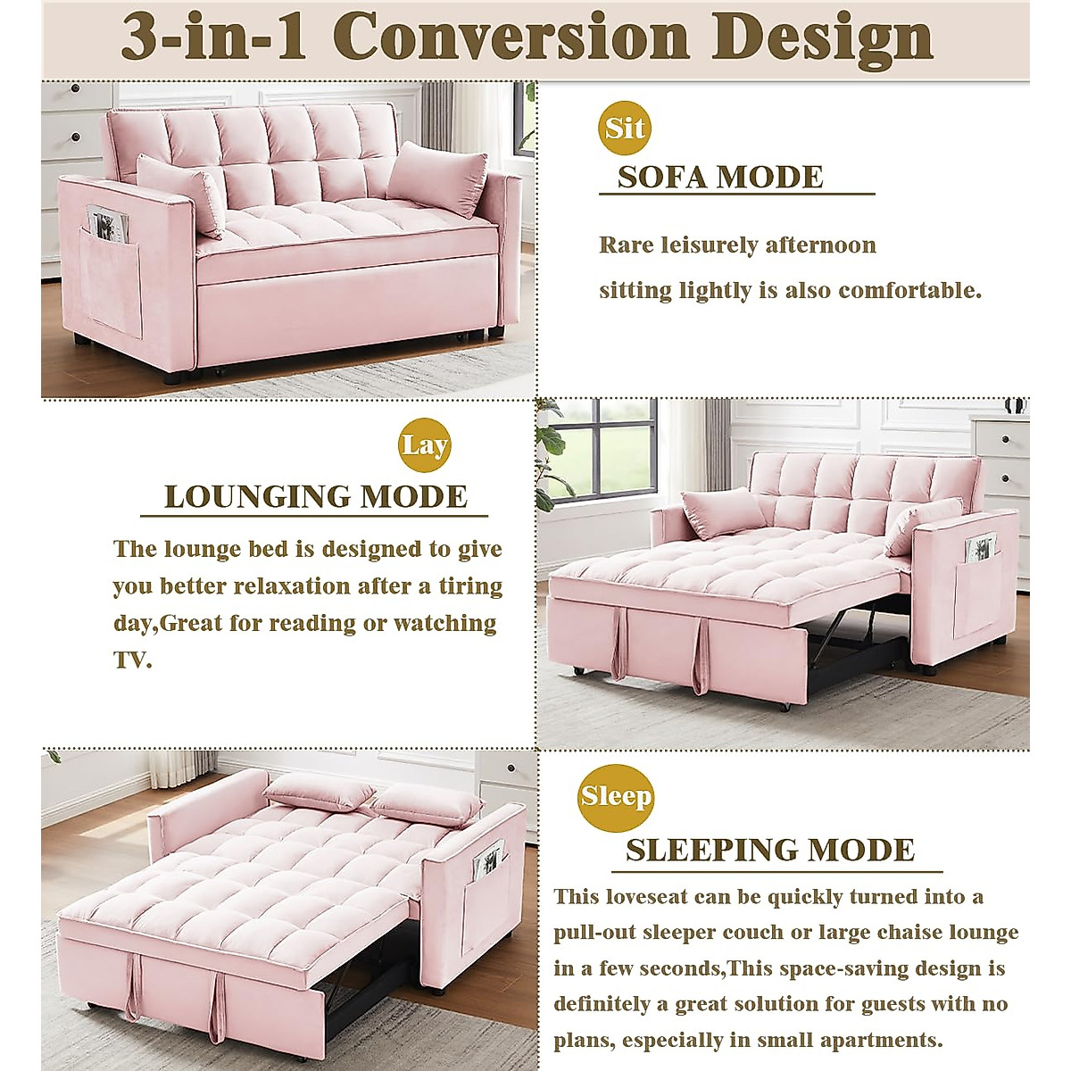 3 in 1 Convertible Velvet Loveseat Futon Couch Bed for Small Spaces - Pull Out Sofa Bed, Adjustable Backrest, Lumbar Pillows (Pink)