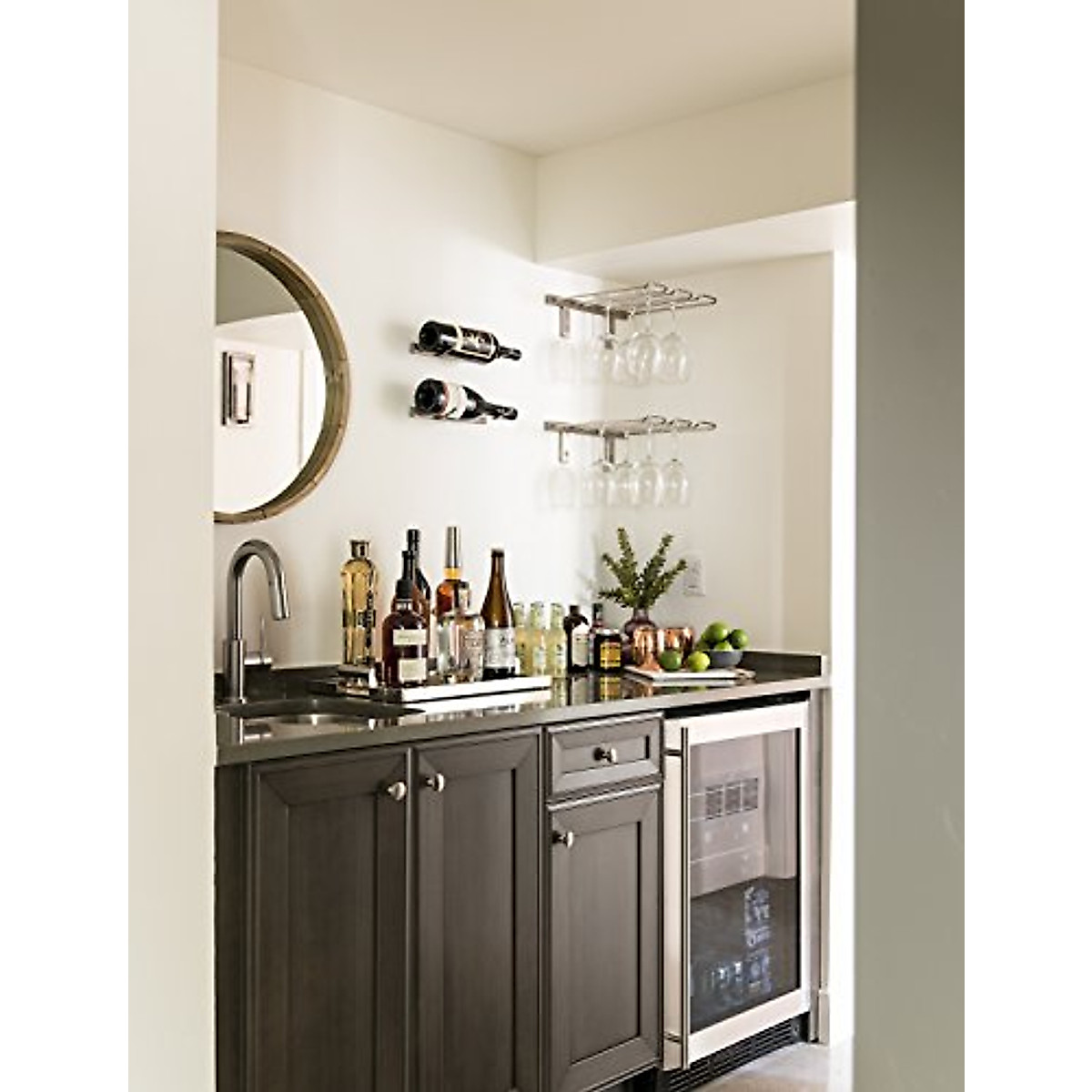 VintageView Wall Series-Stemware Wall Mounted Wine Glass Rack (Satin Black) Stylish Modern Wine Storage with Label Forward Design