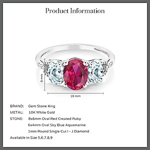Gem Stone King 10K White Gold Oval Red Created Ruby Sky Blue Aquamarine and Diamond Accent 3 Stone Women Engagement Ring (2.06 Cttw) (Size 8)