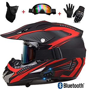 Bluetooth Off-Road Motorcycle Helmet, Motocross Mountain Bike Helmet with Gloves Goggles Mask, Four Wheeler Dirt Bike Helmet for Street Racing Downhill MX Full Face Helmet, DOT Certified-E-X-Large
