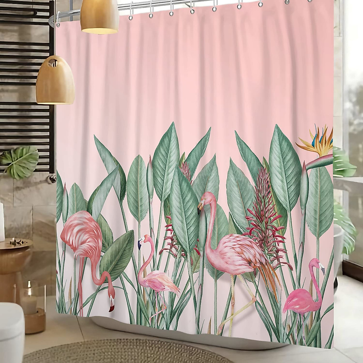 Baocicco Pink Flamingo Tropical Leaves Shower Curtain Green Plants Modern Watercolor Shower Curtains for Bathroom Home Bathtubs Waterproof Fabric Shower Curtain with Hooks 72x72 Inches