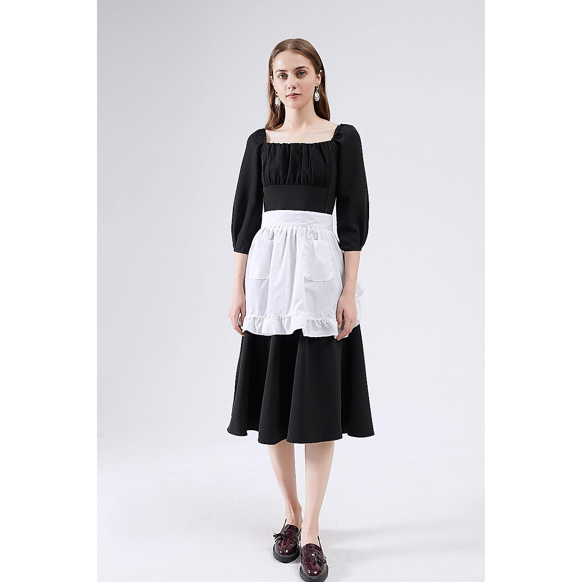 LilMents Twin Pack Retro Kitchen Ruffles Waist Apron with Pockets (White)