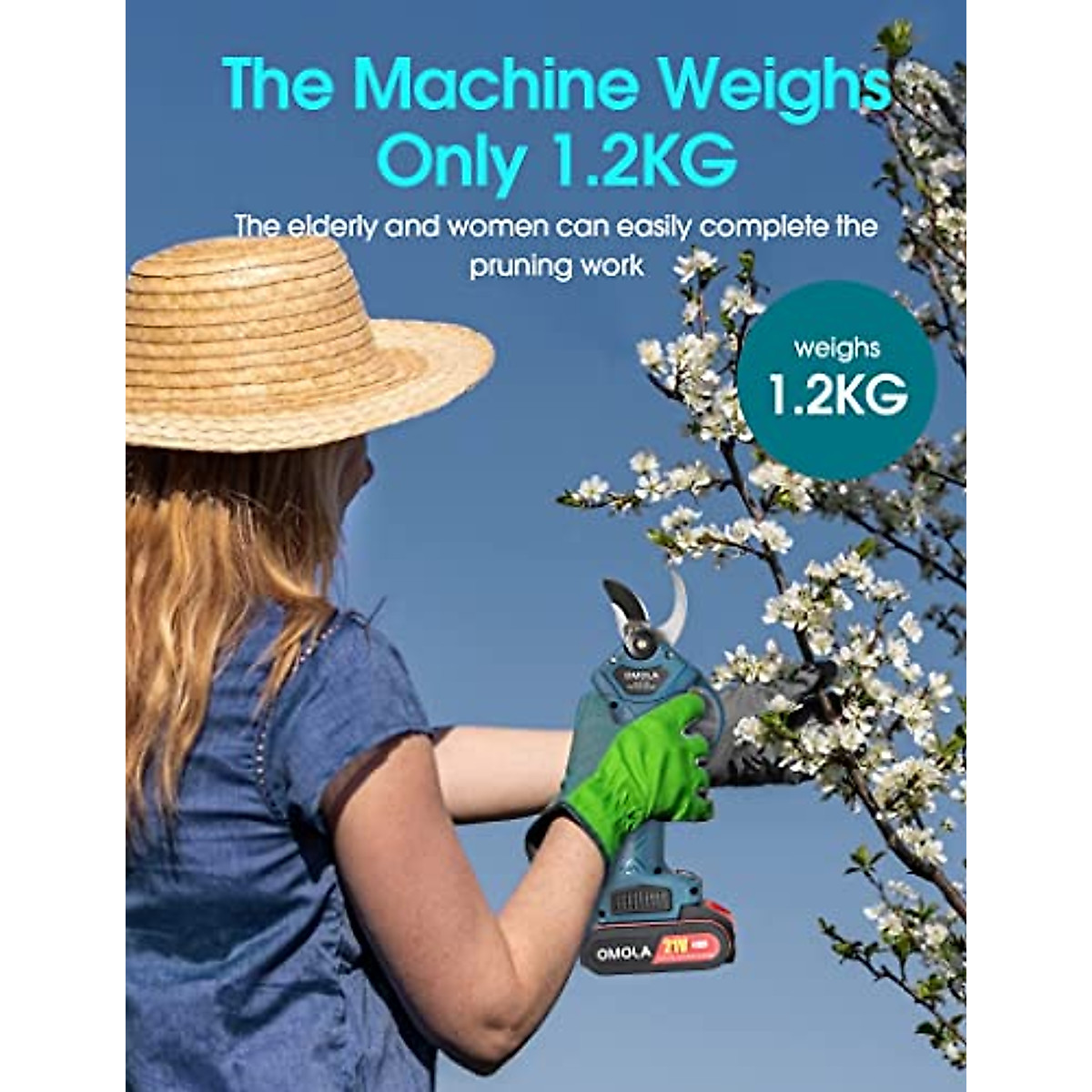 OMOLA Electric Pruning Shears,with 2 PCS Rechargeable 21V 2Ah 2000mA Lithium Battery Powered and 2 Blades，1Inch/25mm Cutting Diameter,6-8 Working Hours…