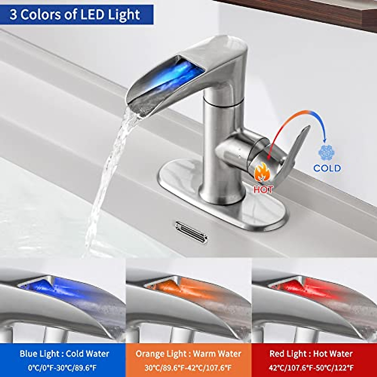 VXV LED Bathroom Sink Faucet, Single Handle Brushed Nickel Bathroom Faucets, Faucet for Bathroom Sink with Pop Up Drain and Deck Plate,1or 3 Hole