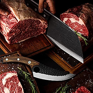 XYJ Handmade Forged Chef Butcher Knife High Carbon Stainless Steel Meat Cleaver Boning Knife With Leather Sheath Full Tang Handle For Kitchen Camping or BBQ
