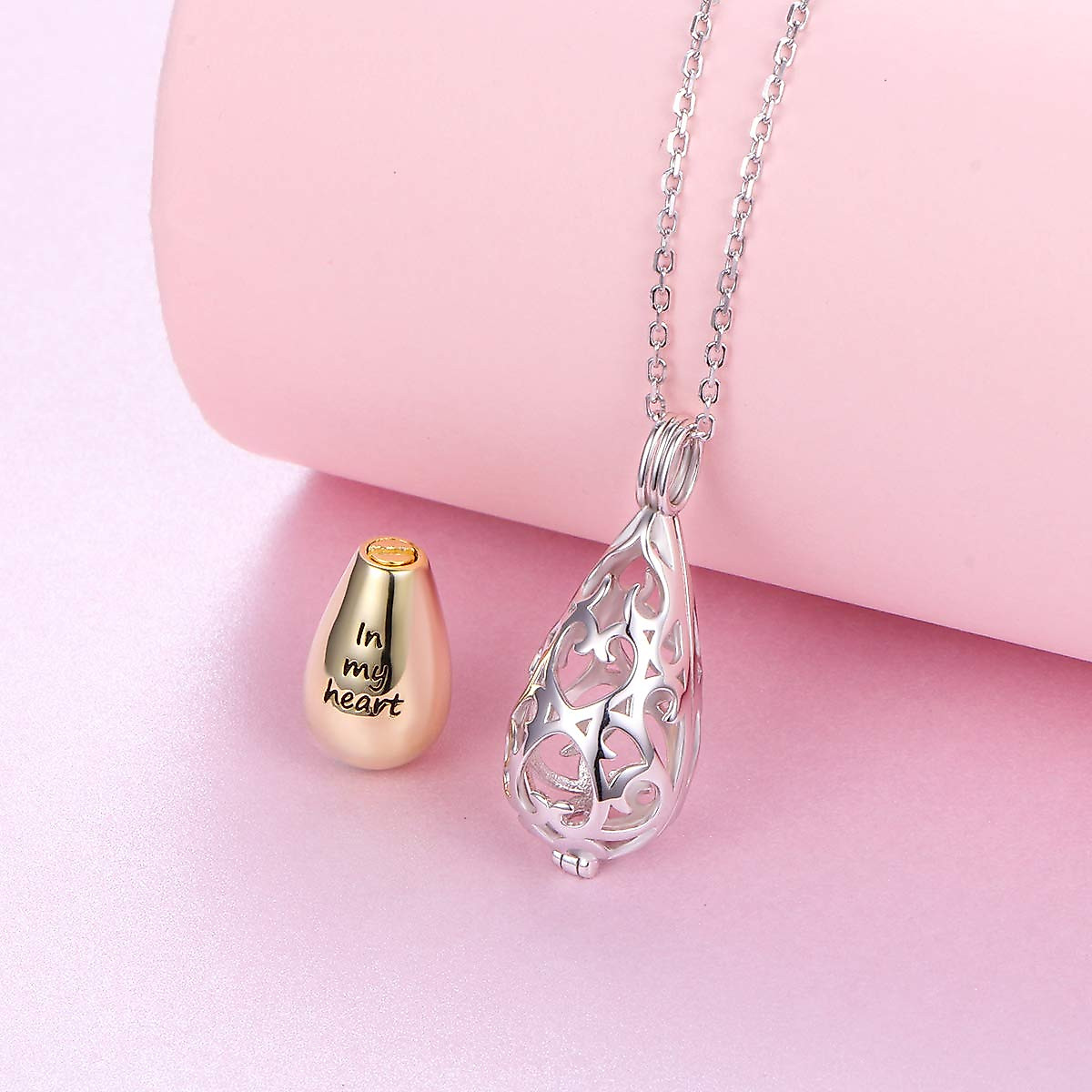S925 Sterling Silver Always in My Heart Teardrop Memorial Pendant Necklace with Hollow Urn Keepsake Cremation Jewelry for Ashes