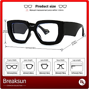Breaksun Thick Frame Blue Light Glasses for Women Men Fashion Oversized Square Computer Gaming Eyeglasses (Black)