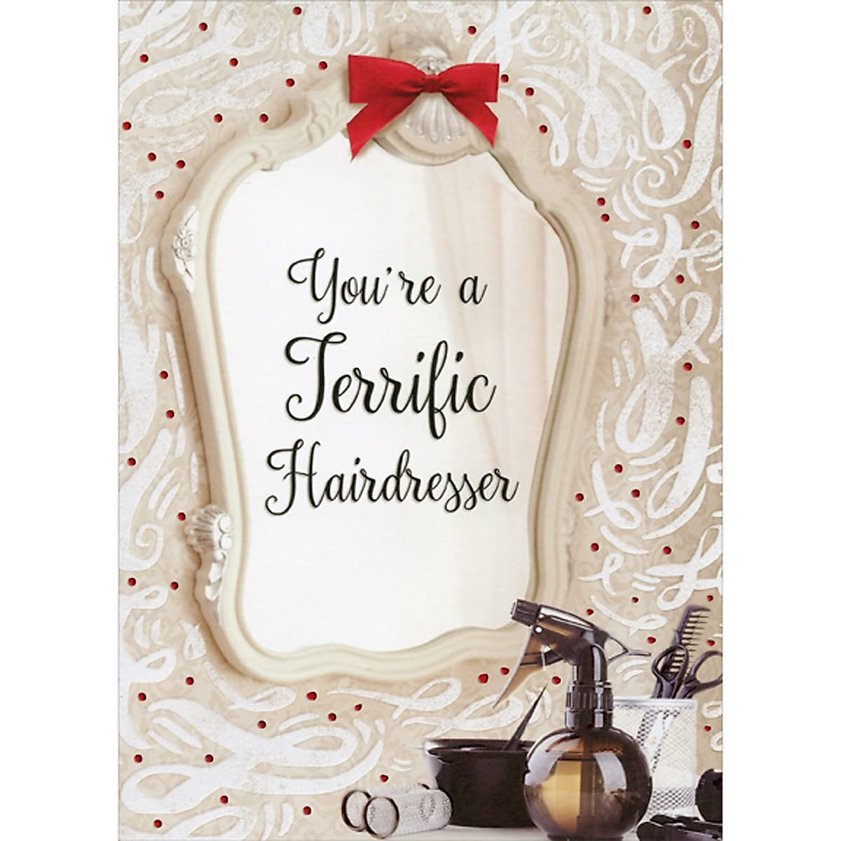 Designer Greetings Red Bow on Ivory Framed Mirror, Spray Bottle, Scissors Holiday Card for Hairdresser