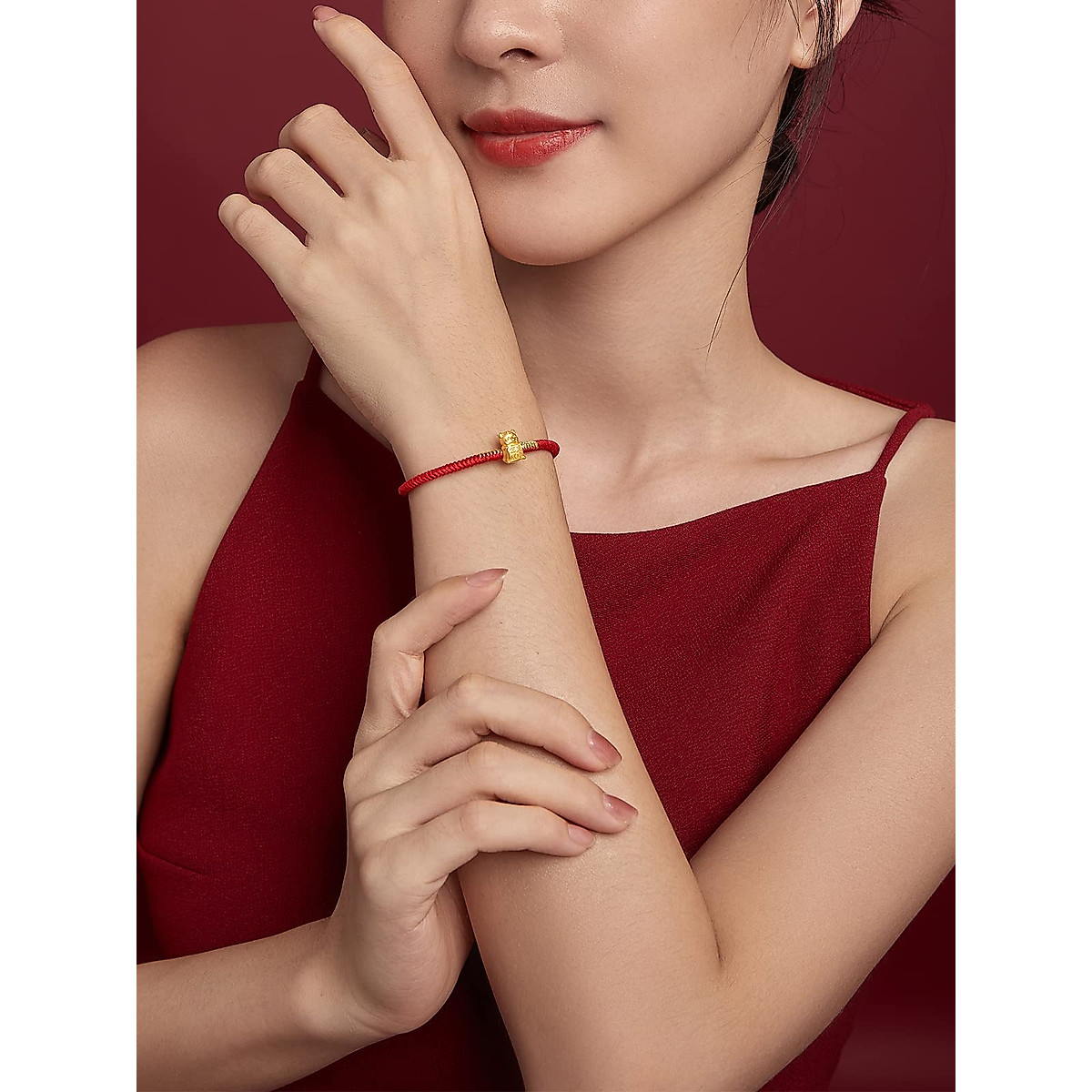 ZHOU LIU FU 24K Solid Gold Bracelets, Real Pure Gold Bracelet Chinese Zodiac Jewelry Adjustable Red Braided Bracelet Rabbit Dragon Dog Piggy with Blessing Idiom for Women Men Girlfriend