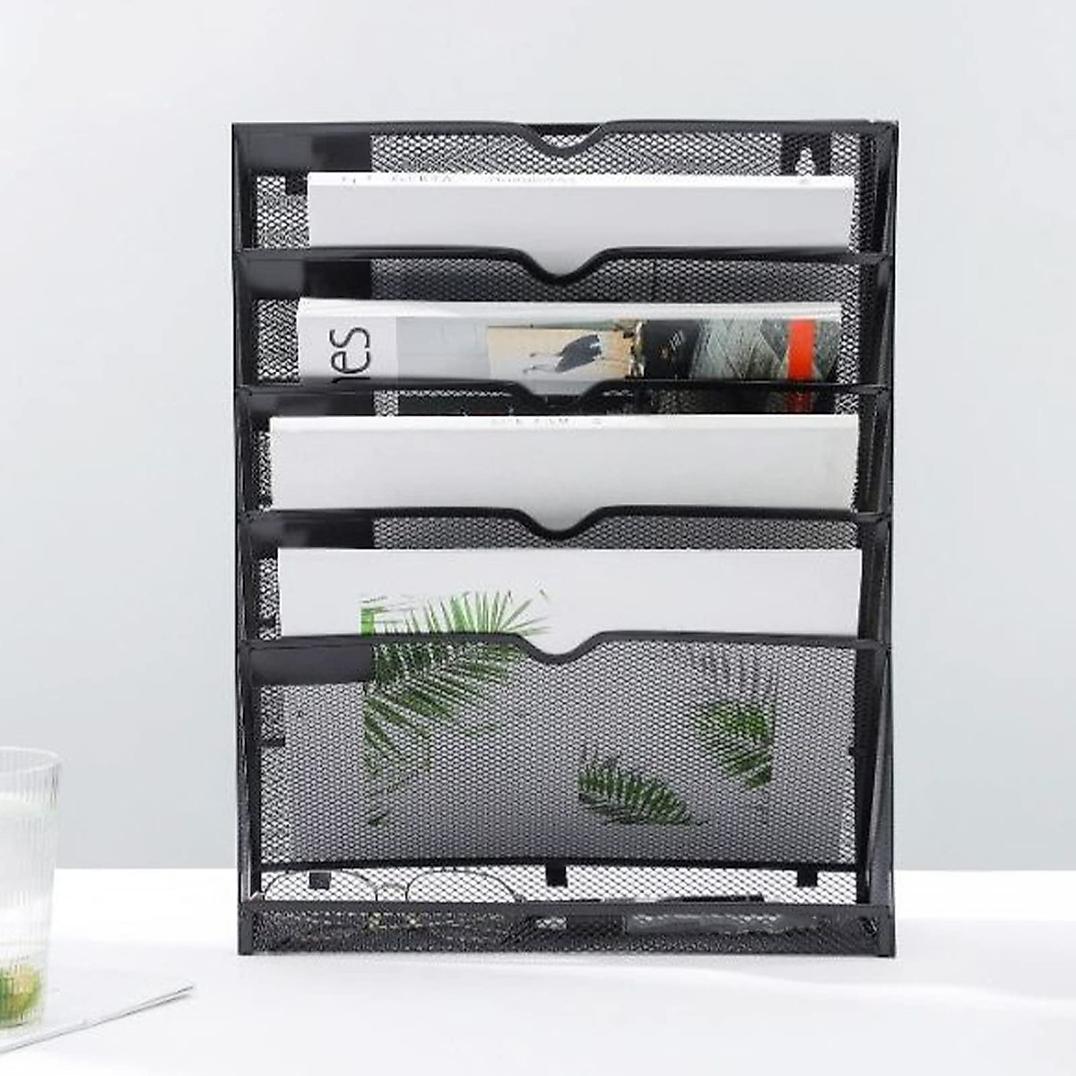 Wall File Organizer 5 Tier Heavy Duty Metal Mesh Hanging Mail Magazine Rack 41 x 32 x 10 cm Vertical Paper Holder for Newspaper Folders(Black)