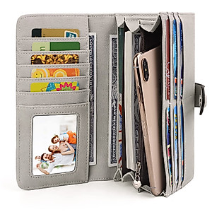 UTO RFID Wallet for Women Vegan Leather 18 Card Slots Card Holder Long Bifold Checkbook 5.5" Phone Blocking Tech Wallet Grey