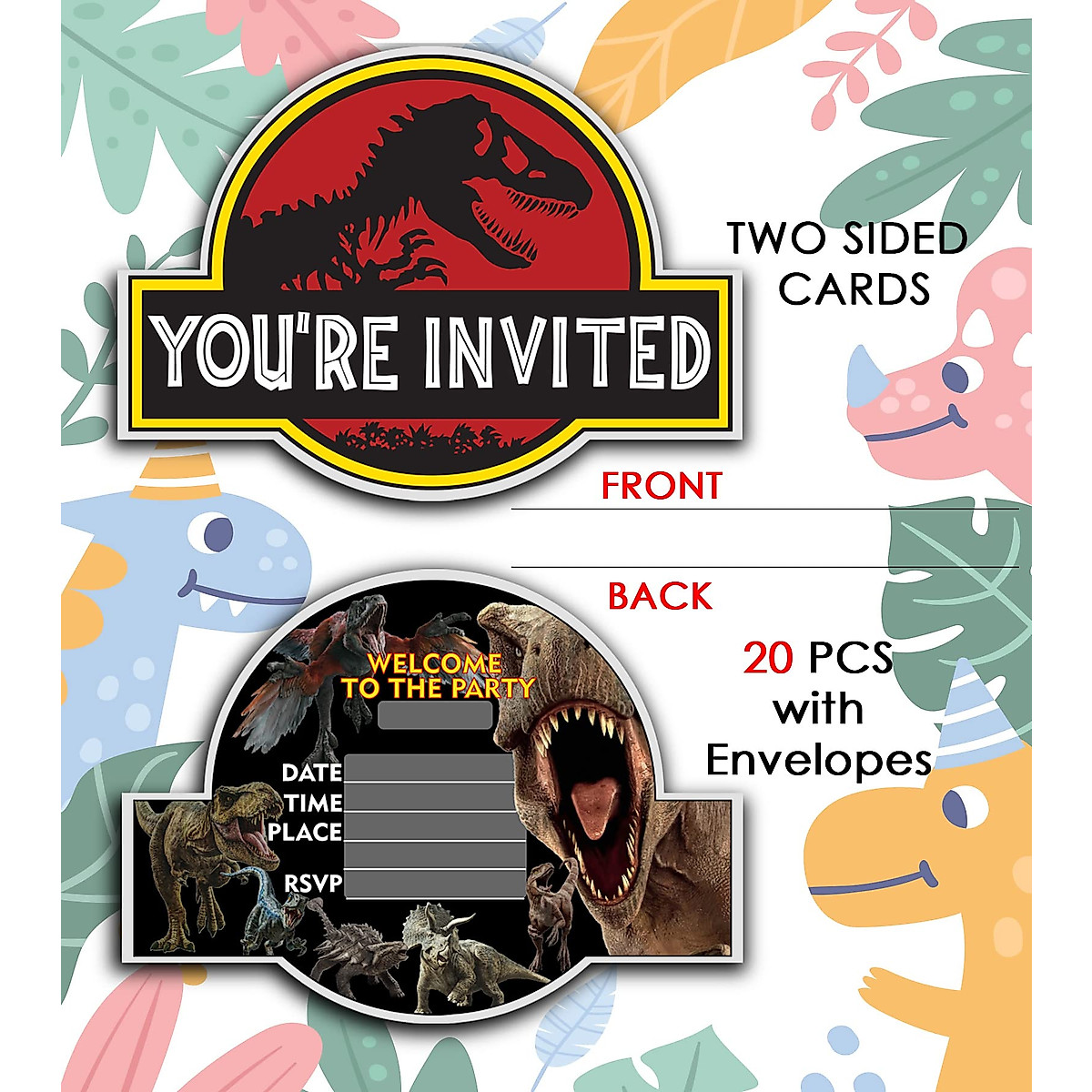 KINYEYE Dinosaur Party Invitation Cards for Kids Birthday Party, 20Pcs Dinosaurs World Birthday Party Invitations with Envelopes, 2-Sided 4×6 Inches