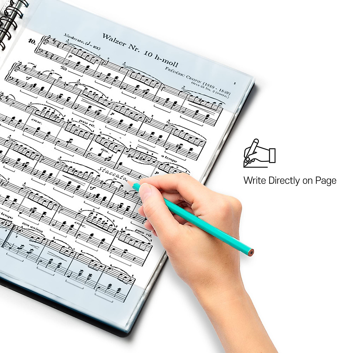 MECCALINE Sheet Music Folder (1 Pack, Black) – 40 Sleeves Display 80 Pages Spiral Binder Organizer for Music Stand – Fits Letter Size 8.5 x 11 Inch – Direct Page Writing with Detachable Name Tag