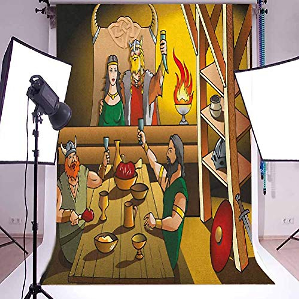 9x16 FT Cartoon Vinyl Photography Backdrop,King and Queen Feasting with Brave Warriors Ancient Scandinavia Medieval Historical Background for Party Home Decor Outdoorsy Theme Shoot Props