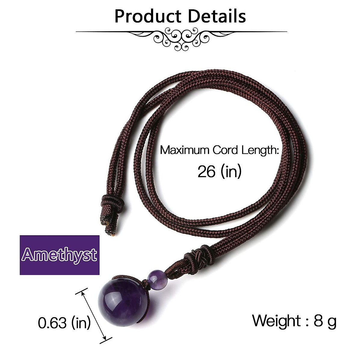 Jovivi Healing Crystals Necklace Natural Amethyst Lucky Blessing Protection Chakra Beads Stone Pendant for Women and Men Adjustable