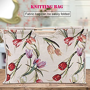 Wood Handles Knitting Bag Travel Yarn Organizer Crochet Bag for Knitting Needles Sewing Tools 16.5x11.8x4.3in(Red Flower)