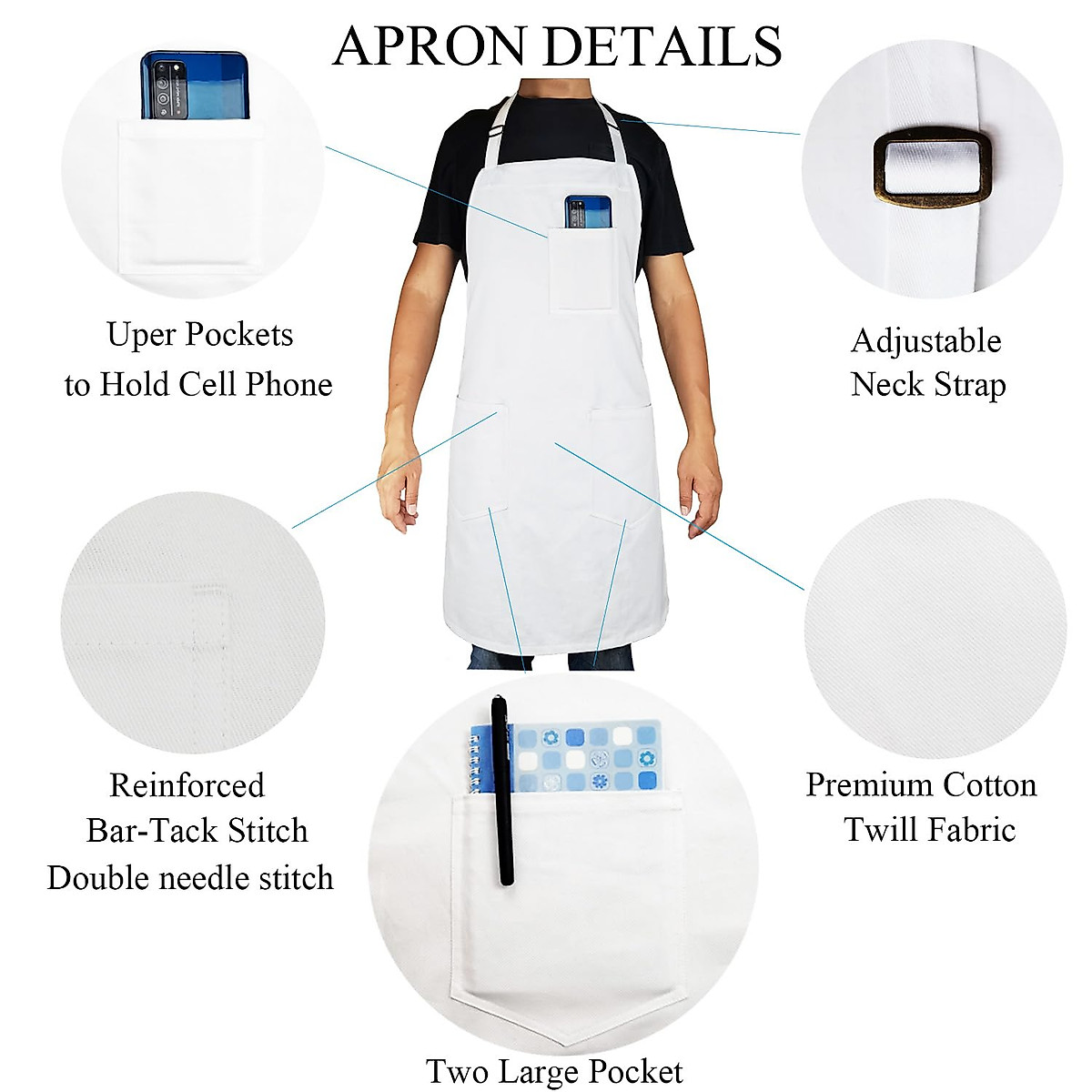 DCCPAA Professional Cooking Apron Chef Designed for Kitchen BBQ Grill,Chef, Hobby and Workshop -10 OZ 100% Cotton twill for Women and Men Bib Adjustable Straps with 3 Pockets-white