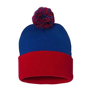 Sportsman Pom-Pom 12" Knit Beanie One Size Royal/Red